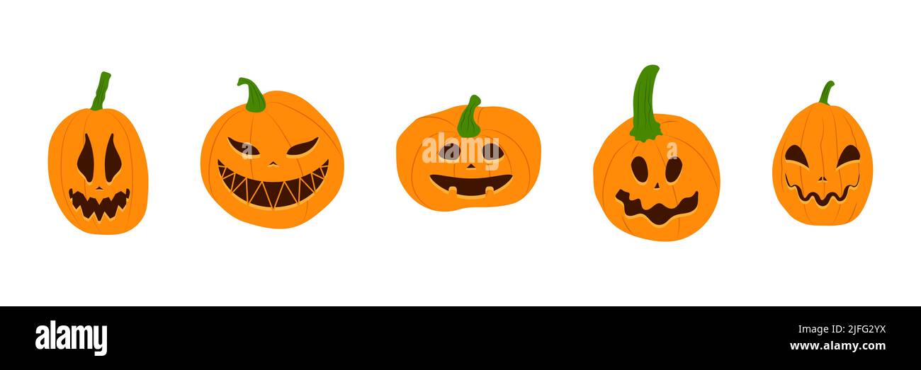 Set of Halloween pumpkins with scary smiling faces. Vector flat style ...