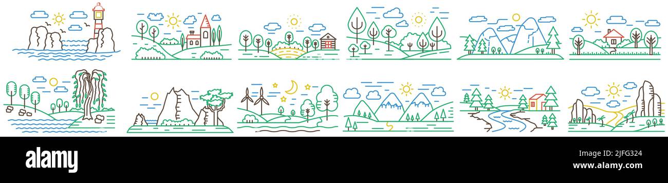 Color line different mini scenes landscapes set with mountains, forest ...