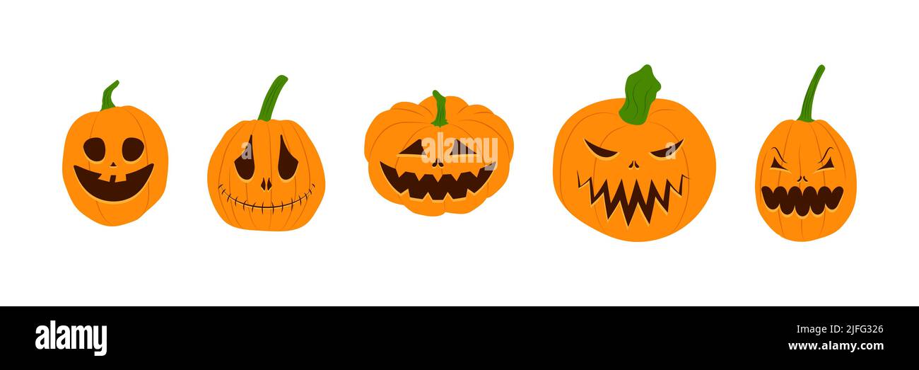 Set of Halloween pumpkins with scary smiling faces. Vector flat style ...