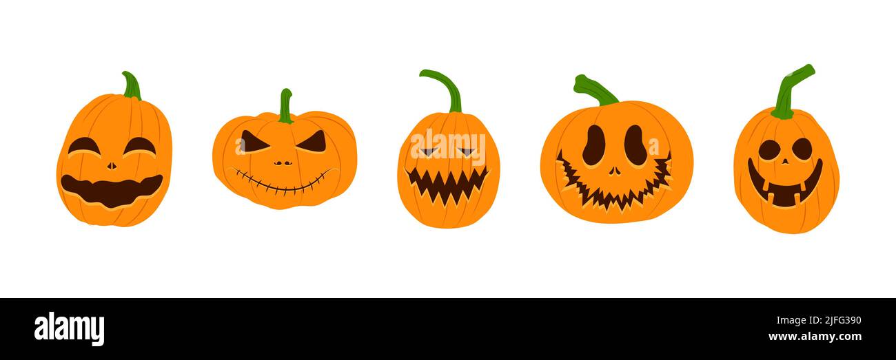 Set of Halloween pumpkins with scary smiling faces. Vector flat style ...
