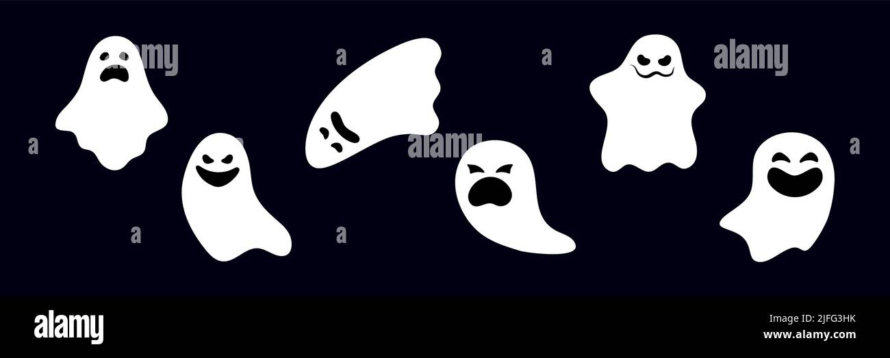Set of ghosts with scary smiling faces for Halloween. Vector flat style ...