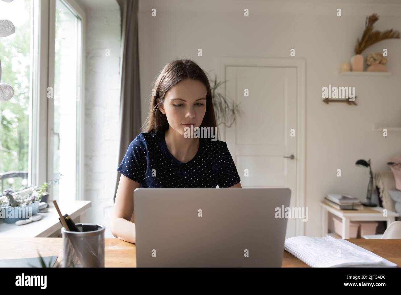 Focused student girl working on research study project at home Stock ...