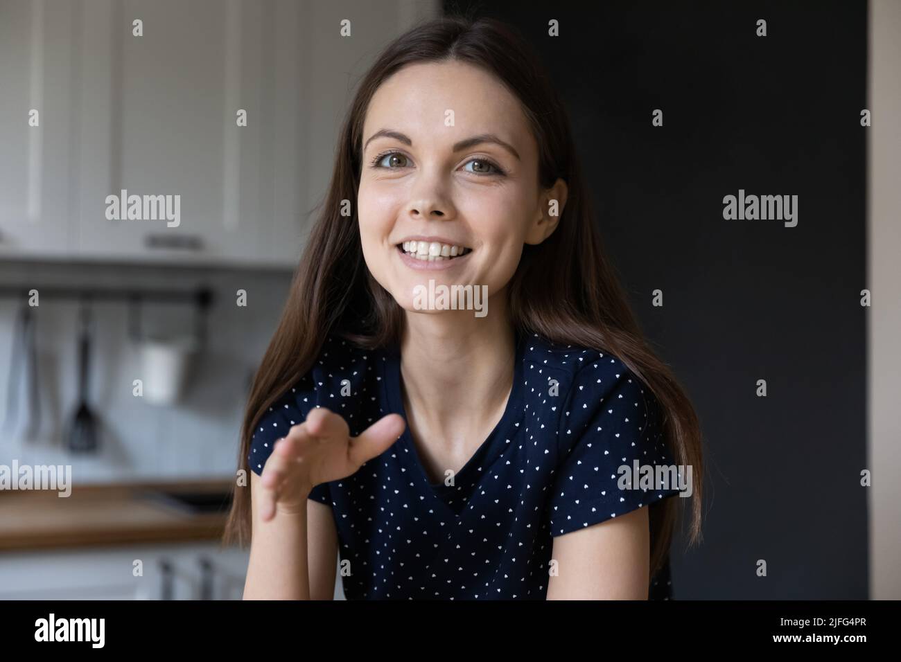 Happy pretty blogger girl home headshot portrait Stock Photo - Alamy
