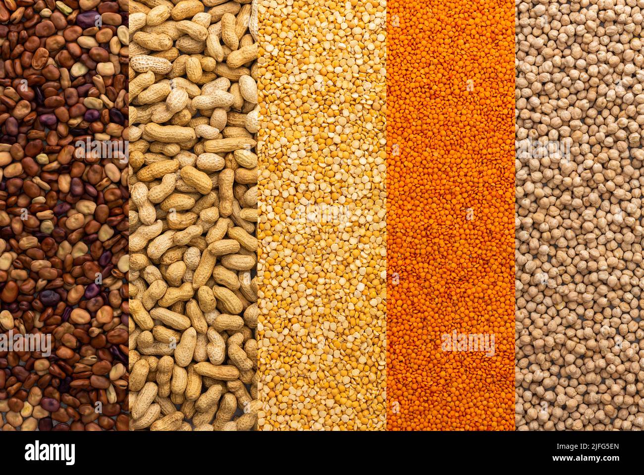 Different types of legumes, chickpeas and yellow peas, brown beans and ...