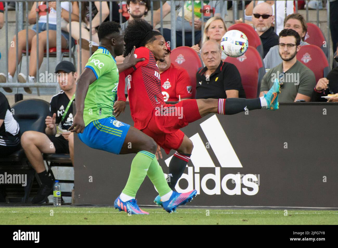Toronto, Canada. 02nd July, 2022. Jayden Nelson (11) and Yeimar Gomez ...