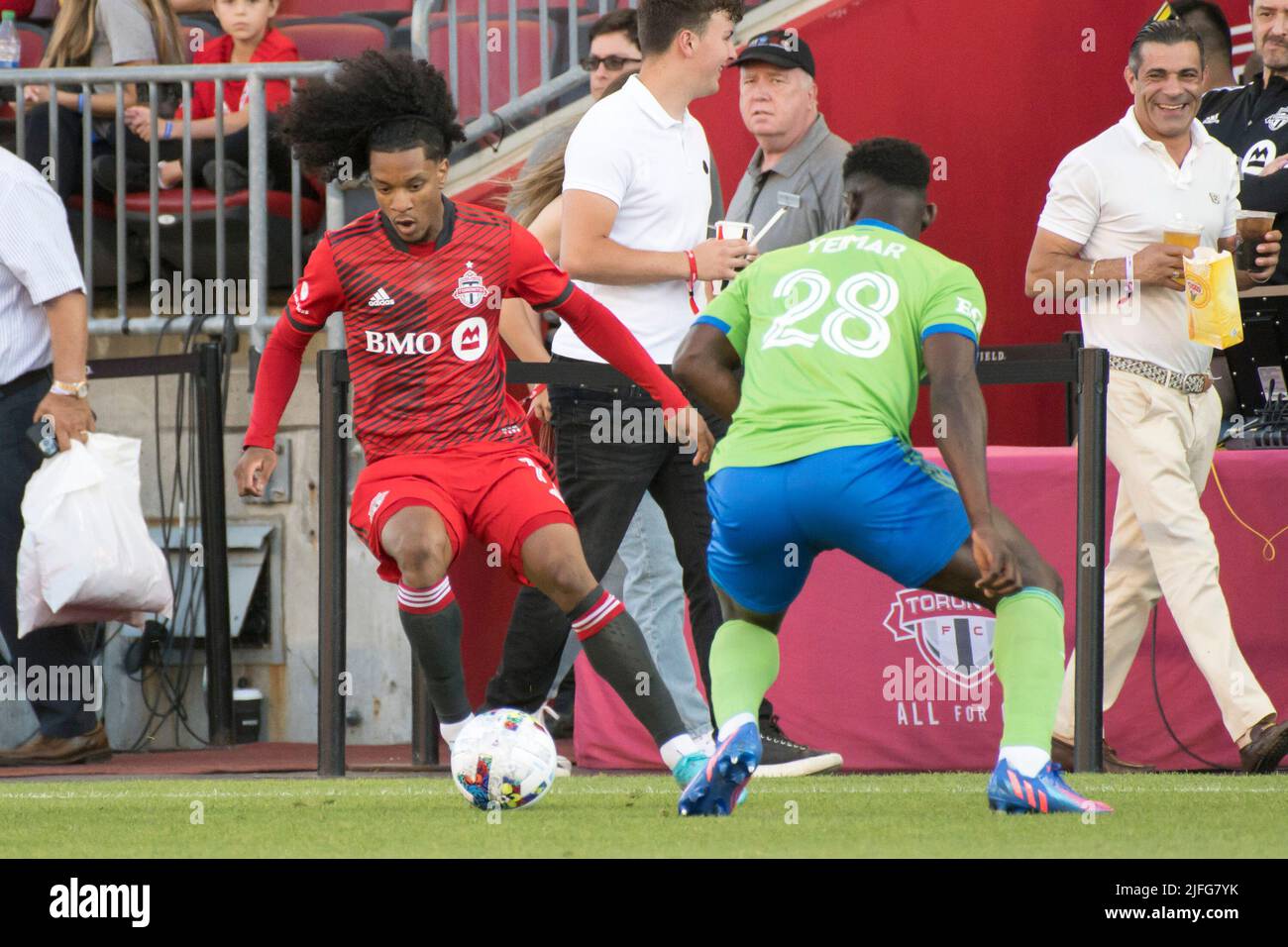 Toronto, Canada. 02nd July, 2022. Jayden Nelson (11) and Yeimar Gomez Andrade (28) in action ...