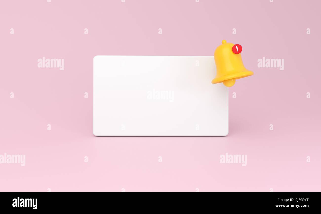 Empty reminder pop up, notification bell icon on pink background. 3D ...