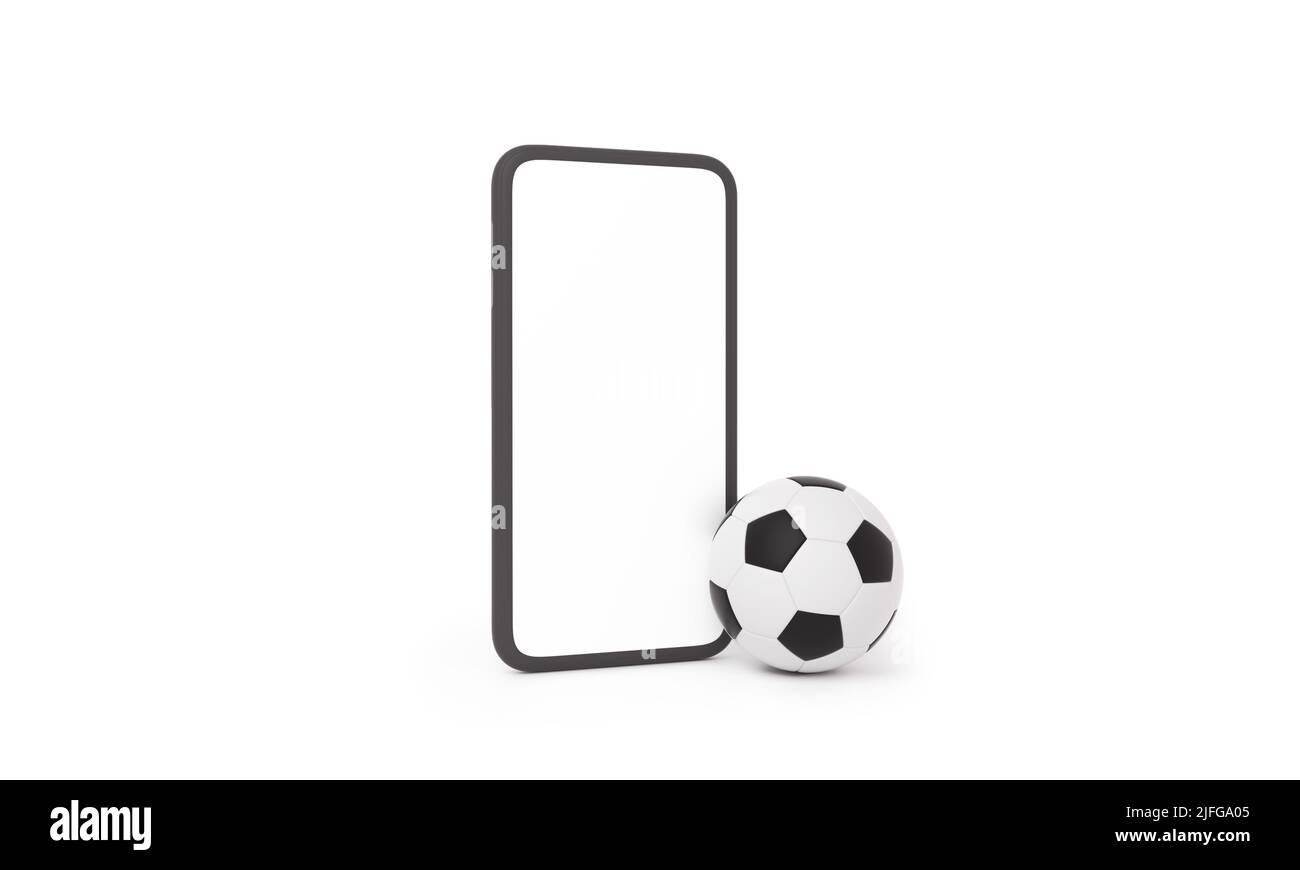 Soccer ball next to a smartphone screen on isolated white background ...