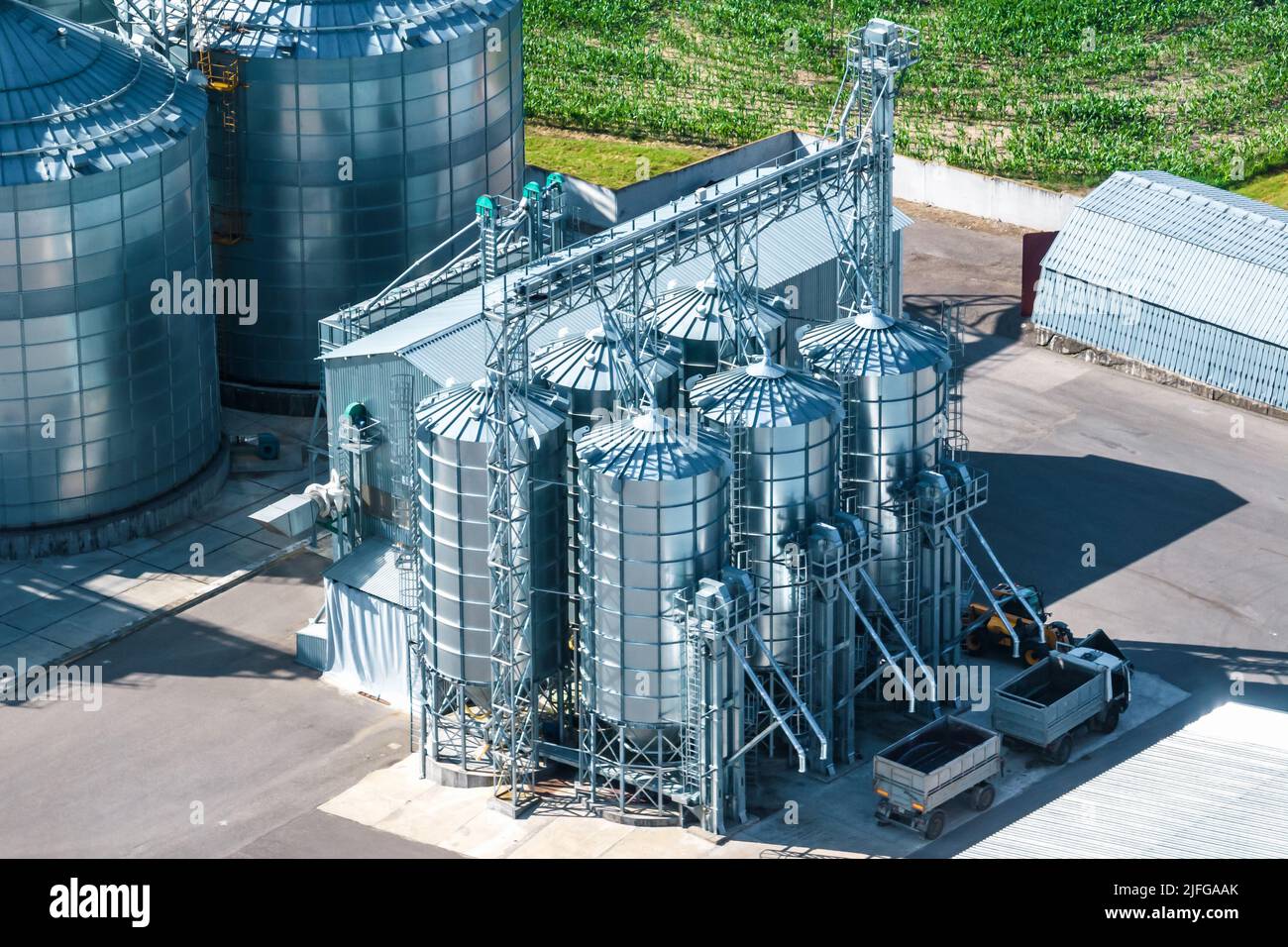 aerial view on agro silos granary elevator on agro-processing ...