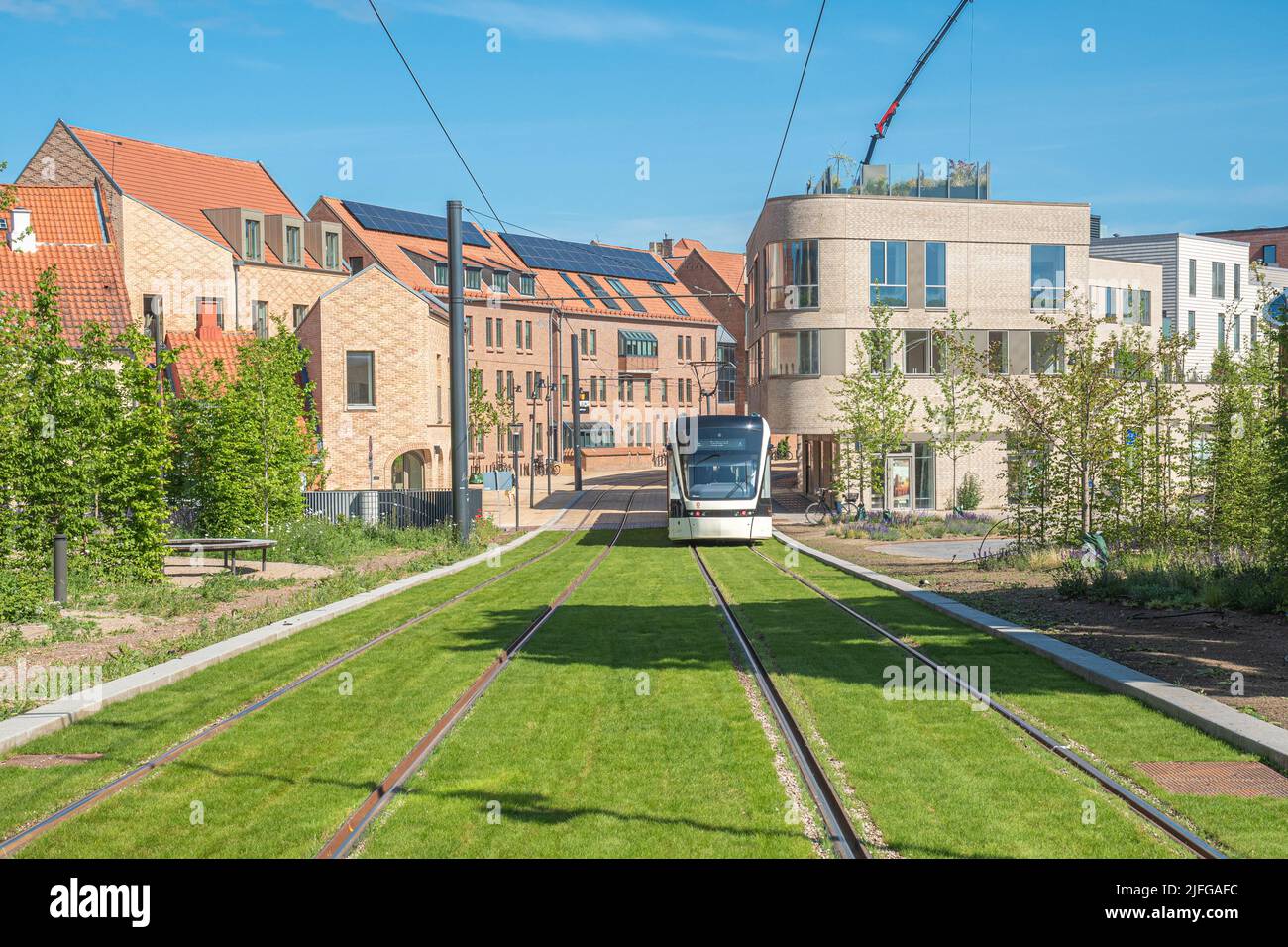 Rail tracks of the tram or trolley bus on a road with green grass ...