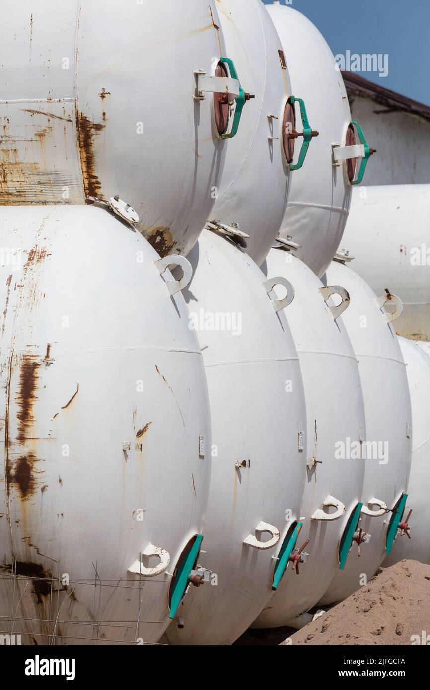 Large abandoned old white cisterns for industrial wine production Stock ...