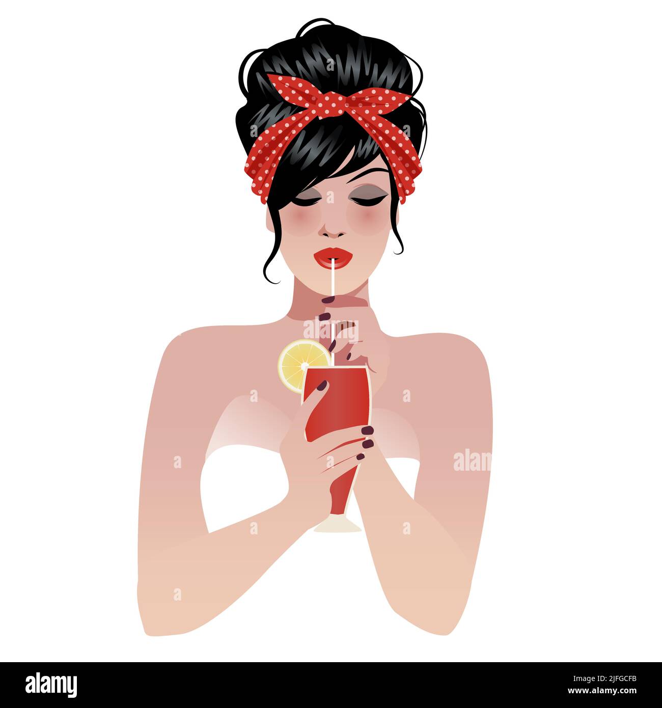 Beautiful pin up girl wearing a 50's style headscarf, drinking a ...