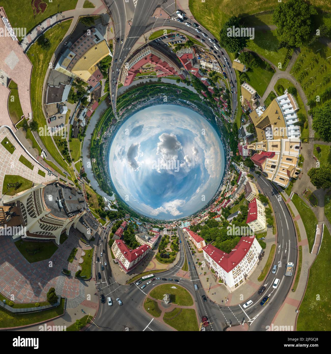 blue sphere inside overlooking old town, urban development, historic buildings, crossroads with ...