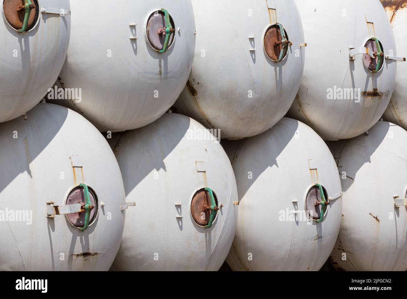 Large abandoned old white cisterns for industrial wine production Stock ...