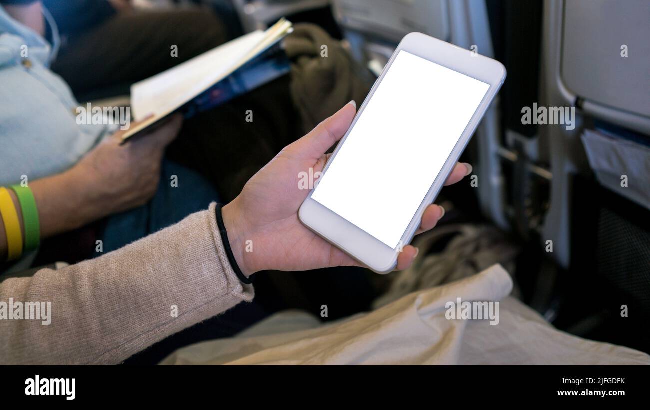 Mockup of smartphone during flight trip. Layout mock up ready for your ...