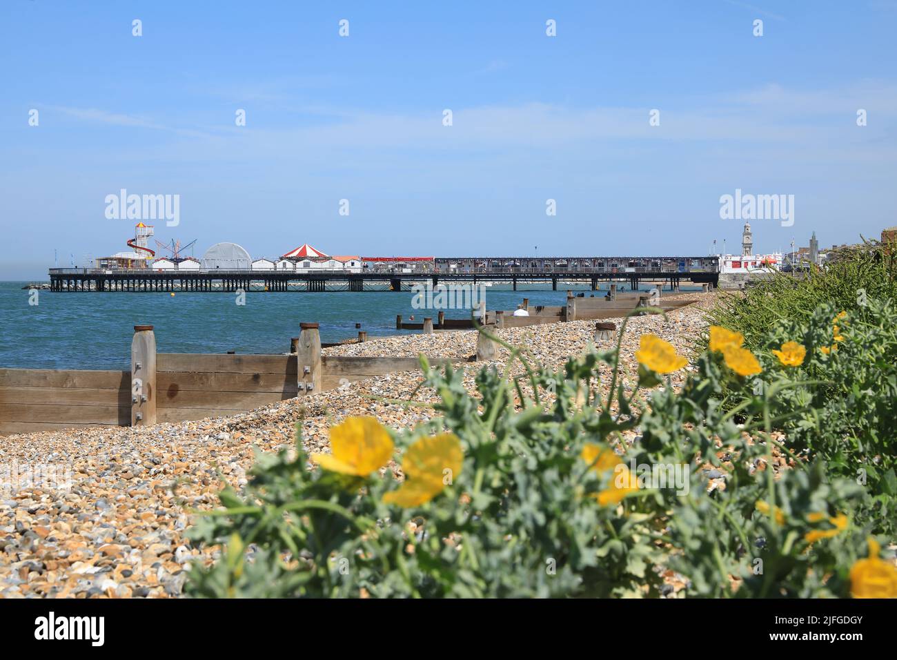 The shingle beach at Herne Bay, in north Kent, on a sunny, summer's day ...