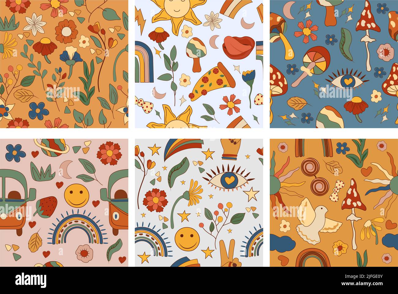 Retro Positive seamless patterns 70s, with colorful rainbows, leaves ...