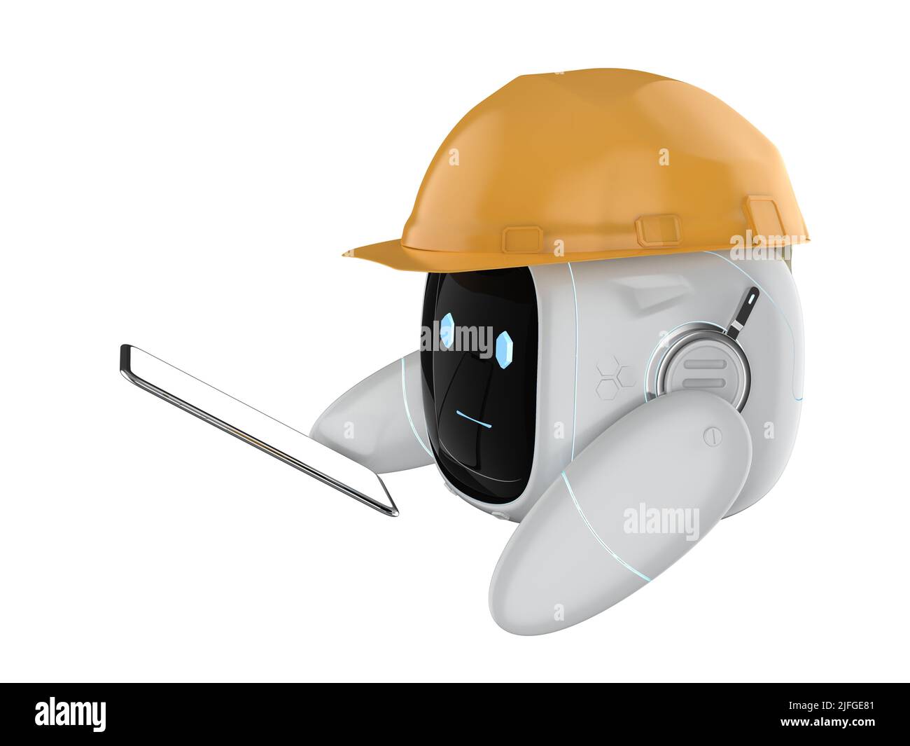 3d rendering cute assistant artificial intelligence engineer robot no leg with yellow helmet and ...