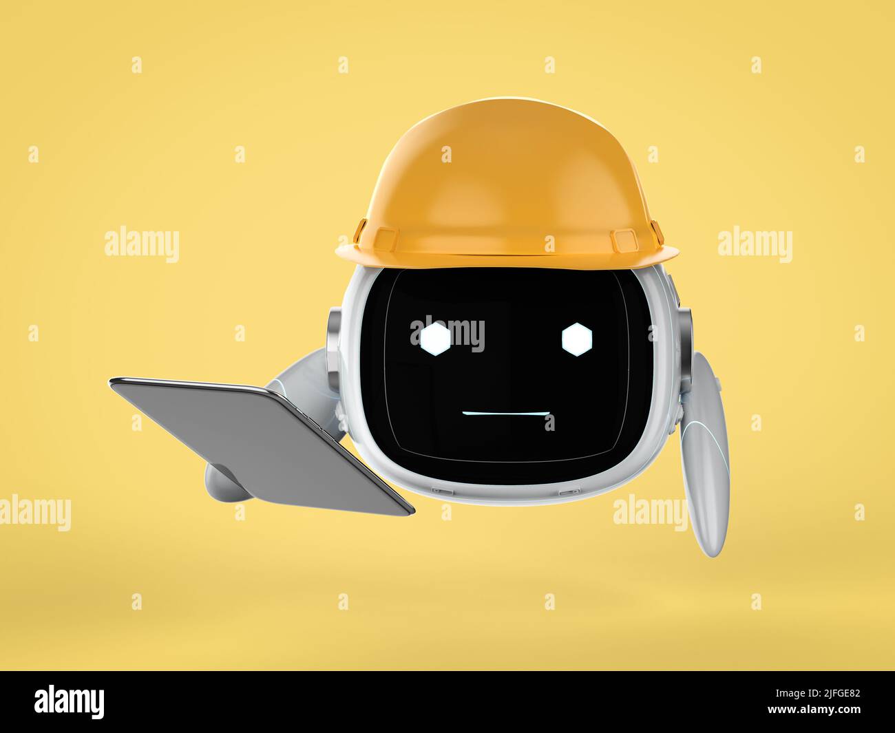 3d rendering cute assistant artificial intelligence engineer robot no leg with yellow helmet and ...