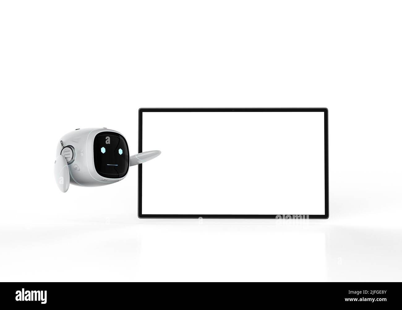 3d rendering cute assistant artificial intelligence robot no leg with blank screen digital ...
