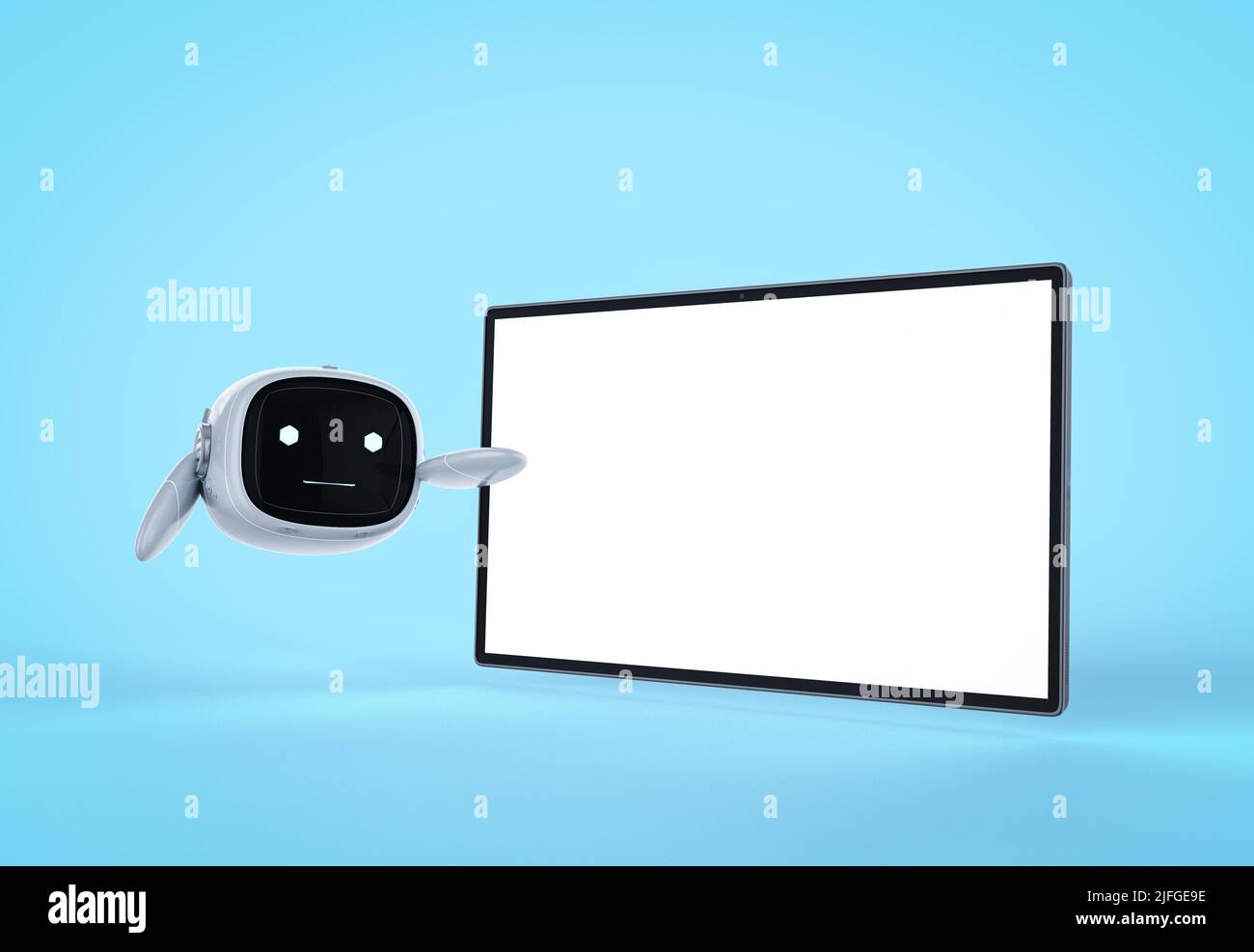 3d rendering cute assistant artificial intelligence robot no leg with blank screen digital ...