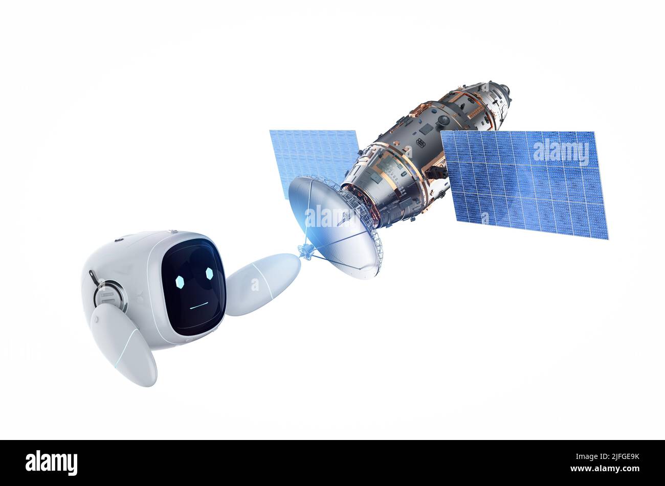 Telecommunication technology concept with 3d rendering small robot work ...