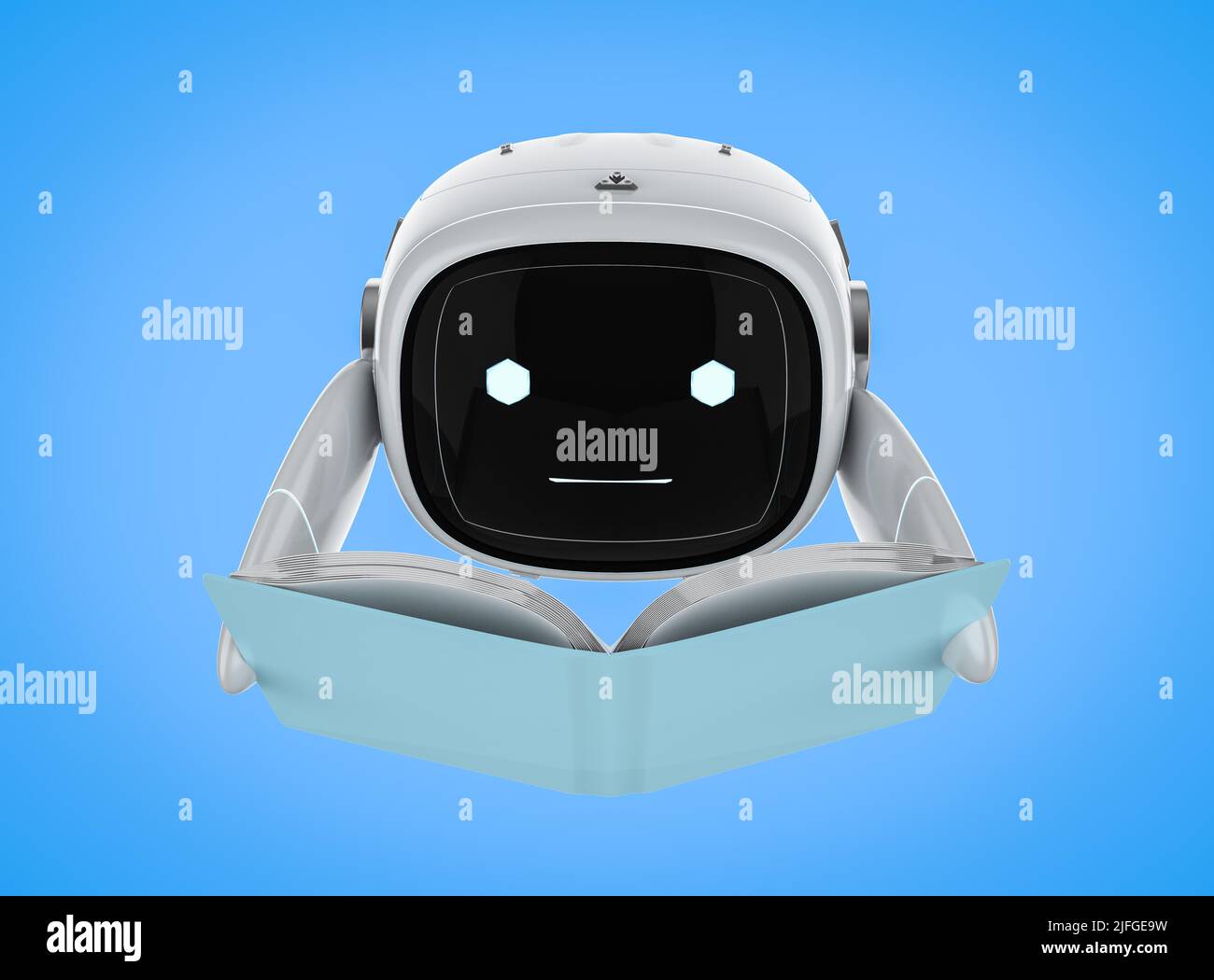 Machine learning concept with 3d rendering friendly robot reading a ...