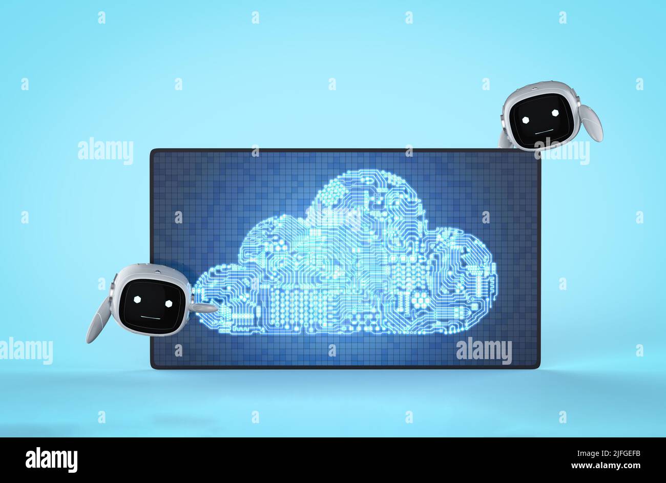 Cloud computing technology concept with 3d rendering small robot and ...
