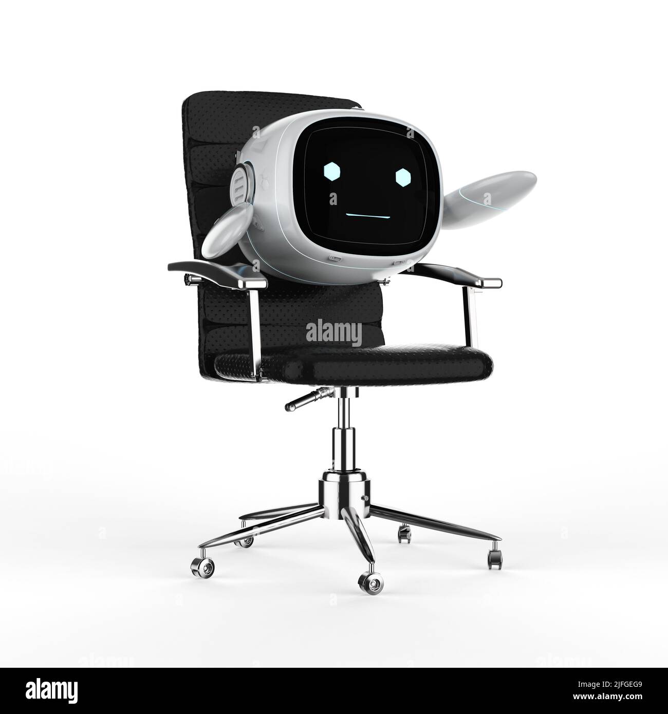 3d rendering cute and small assistant robot working in office sit in ...