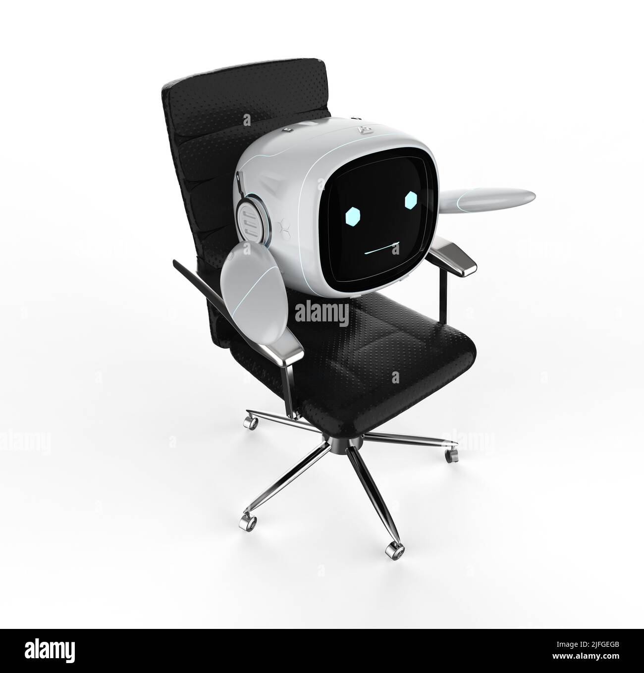 3d rendering cute and small assistant robot working in office sit in ...