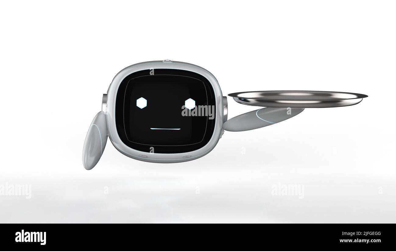 3d rendering small robotic assistant or waiter robot hold metallic tray ...