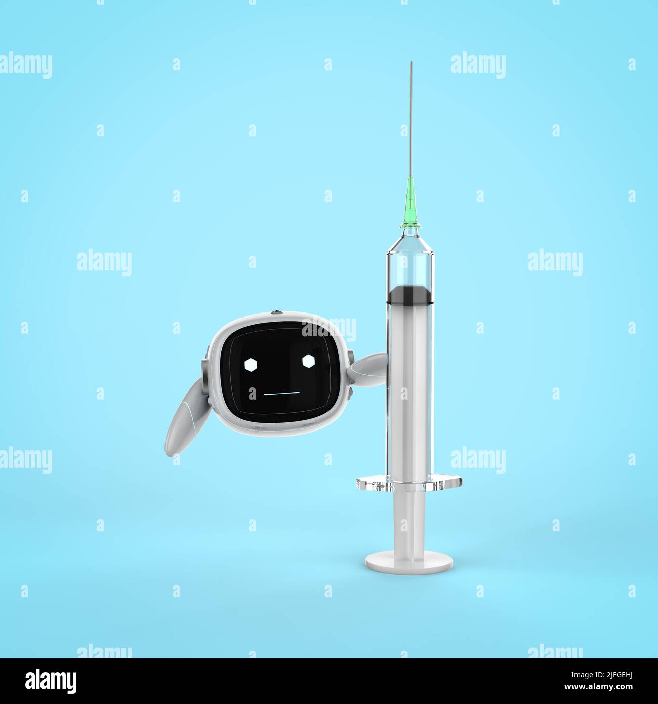 Medical technology concept with 3d rendering robot hand holding syringe ...
