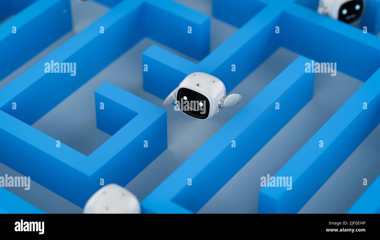 3d rendering cute and small robot in maze Stock Photo - Alamy