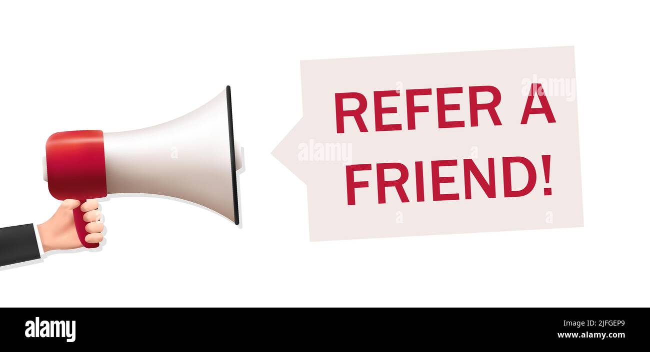 The hand holds a megaphone, invite a friend. Loudspeaker with speech ...