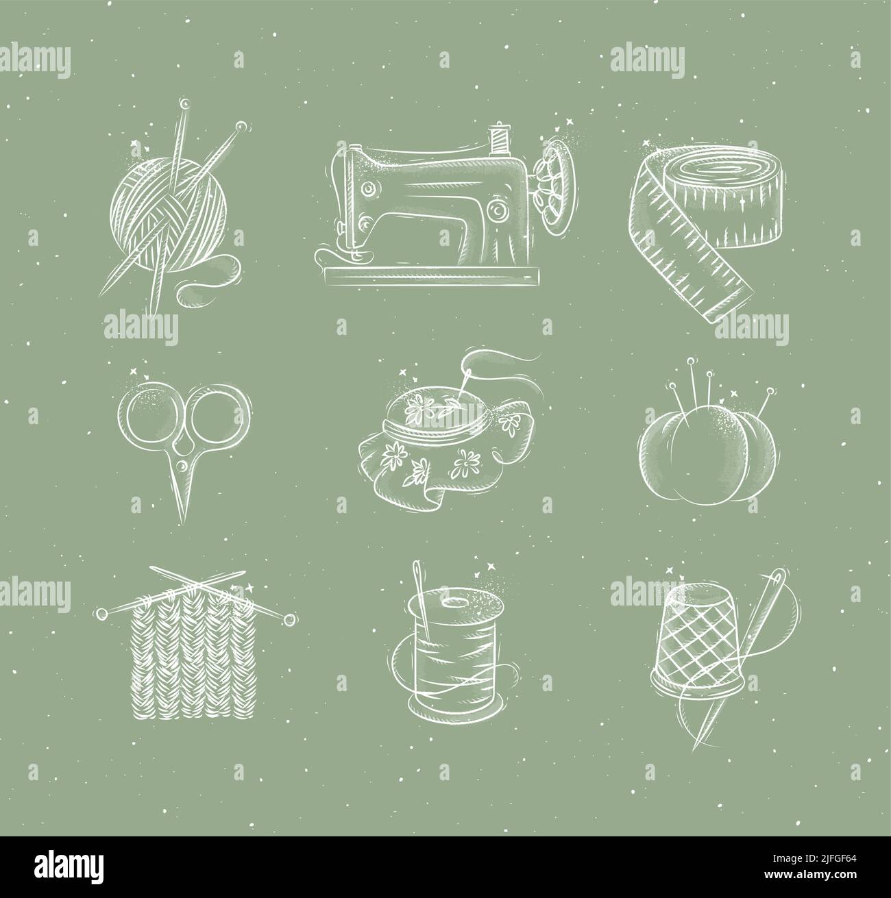 Bakery icon set with illustrated sewing machine, skein of threads ...