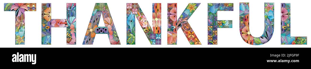 Hand-painted art design. Hand drawn illustration word THANKFUL for t ...