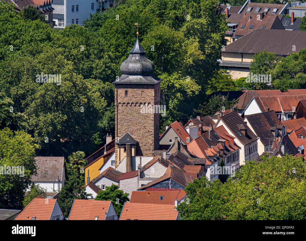 View of Durlach‘s Basler Tor tower with beautiful old houses from above ...