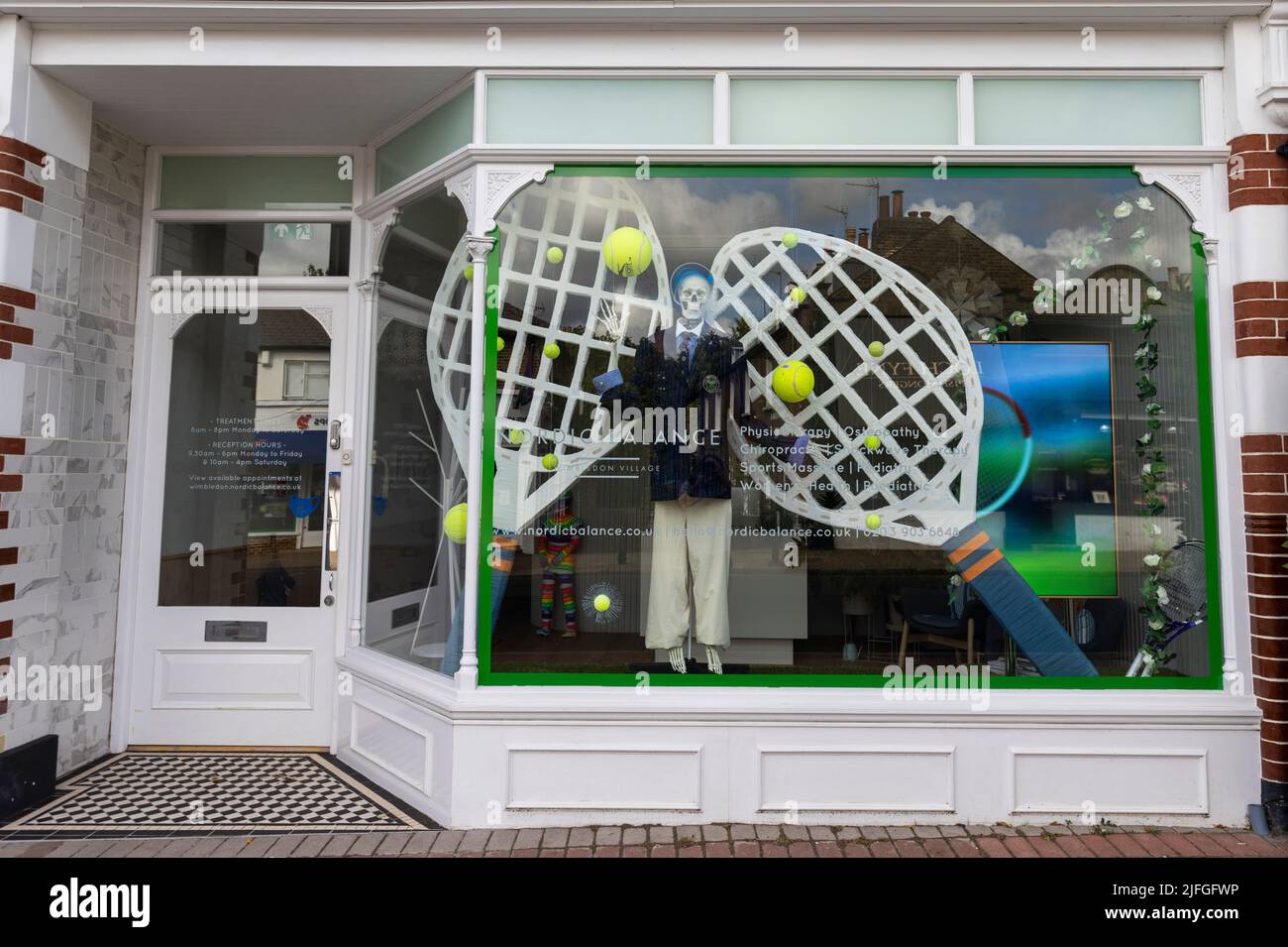 General view of Wimbledon themed shop fronts at Wimbledon Village ...