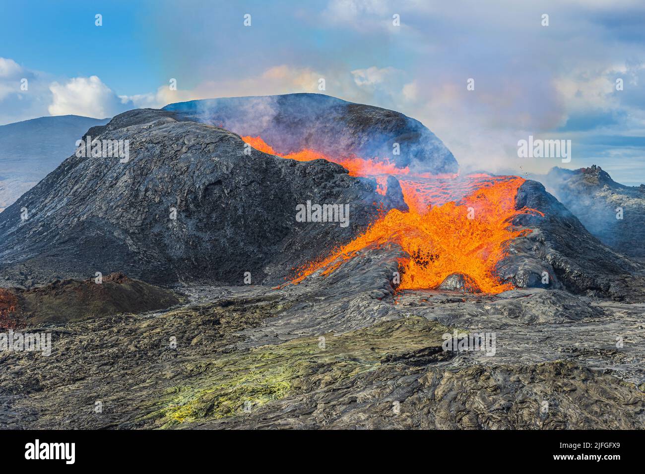 active volcano on the Reykjanes Peninsula. strong lava flow from a ...