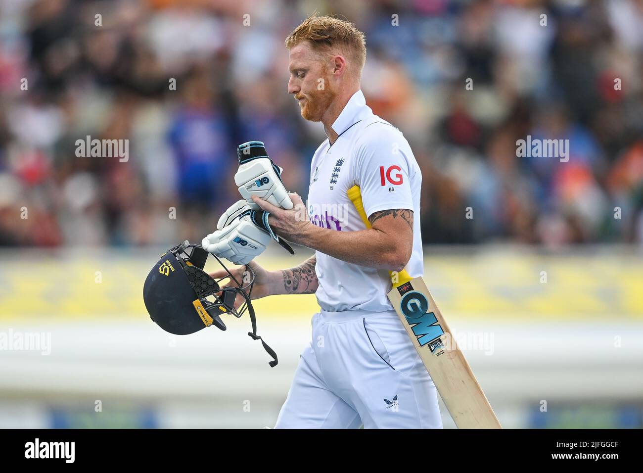 Ben Stokes of England leaves the field after being caught bye Jasprit ...