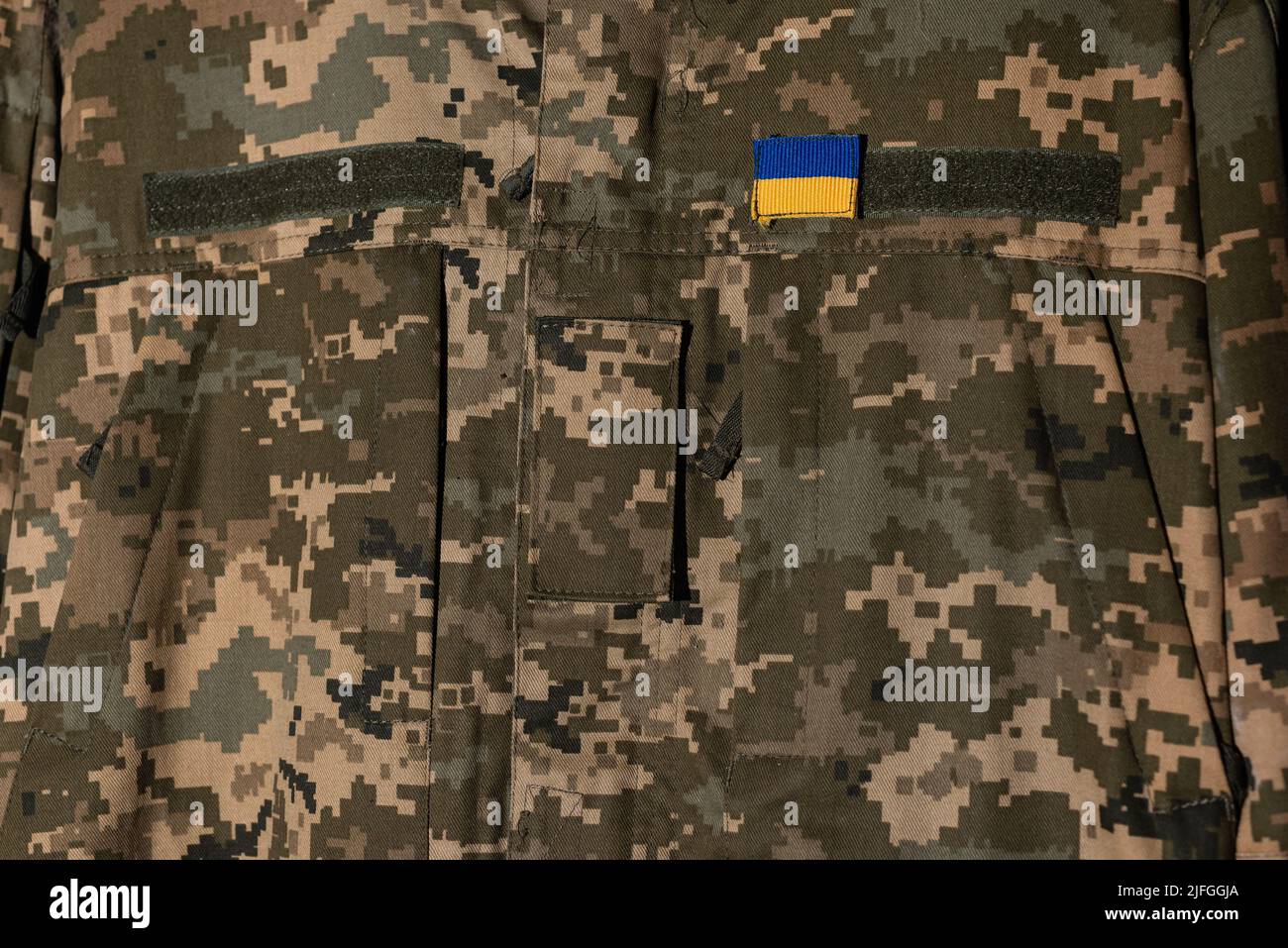 Close-up of the surface of the military uniform of the Ukrainian ...