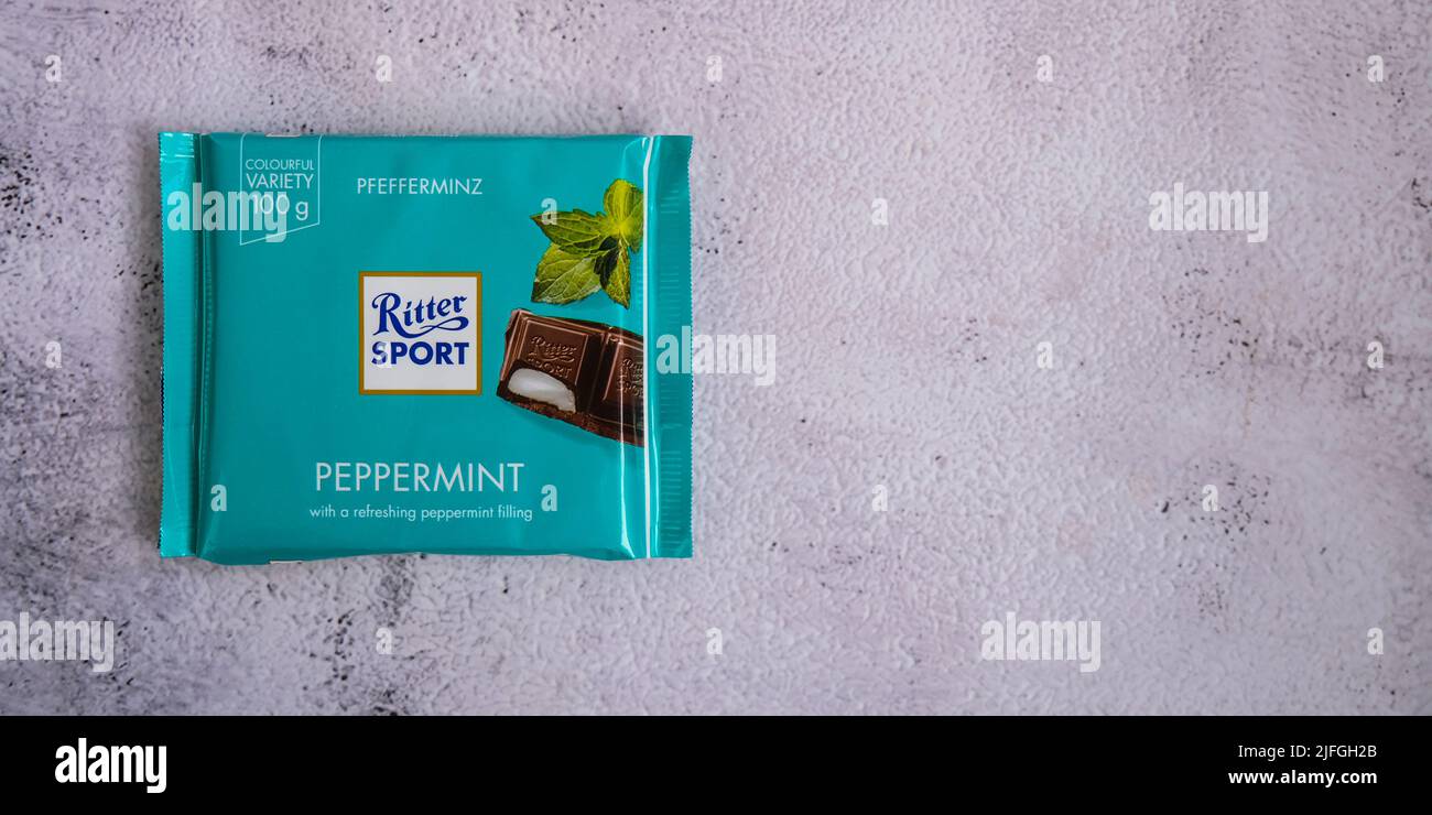 Kiev Ukraine - October 2021 PEPERMINT taste. Chocolate Ritter Sport bar ...