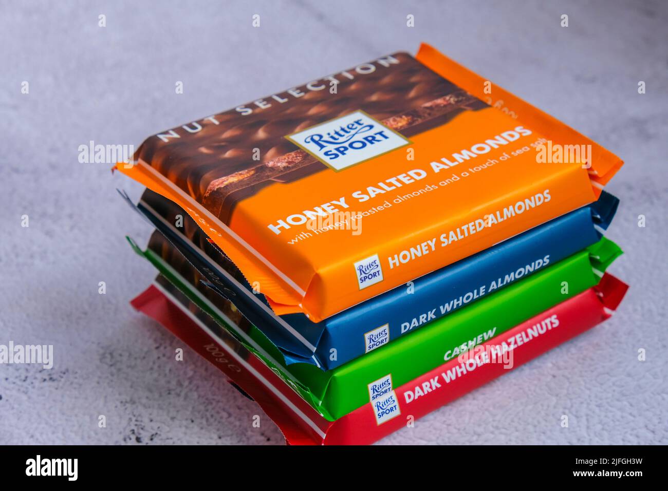 Kiev Ukraine - October 2021 Nut selection Chocolate Ritter Sport bar ...