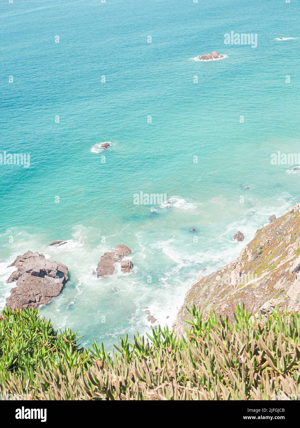 A high angle shot of green shrubs growing on cliffs against a sea on a ...