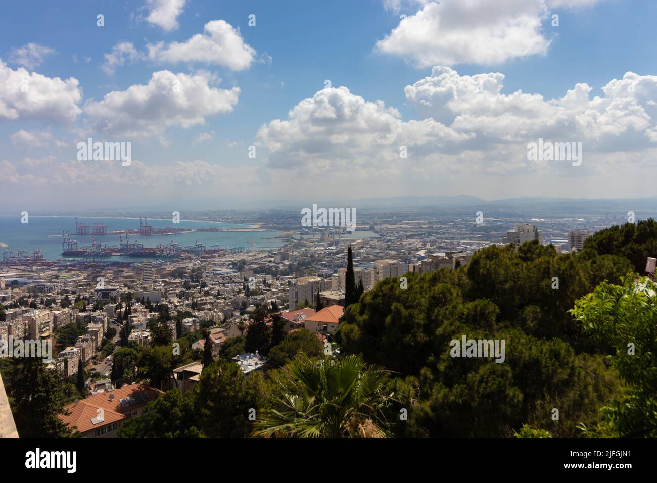 top view of the city of Haifa and the port - against a background of ...