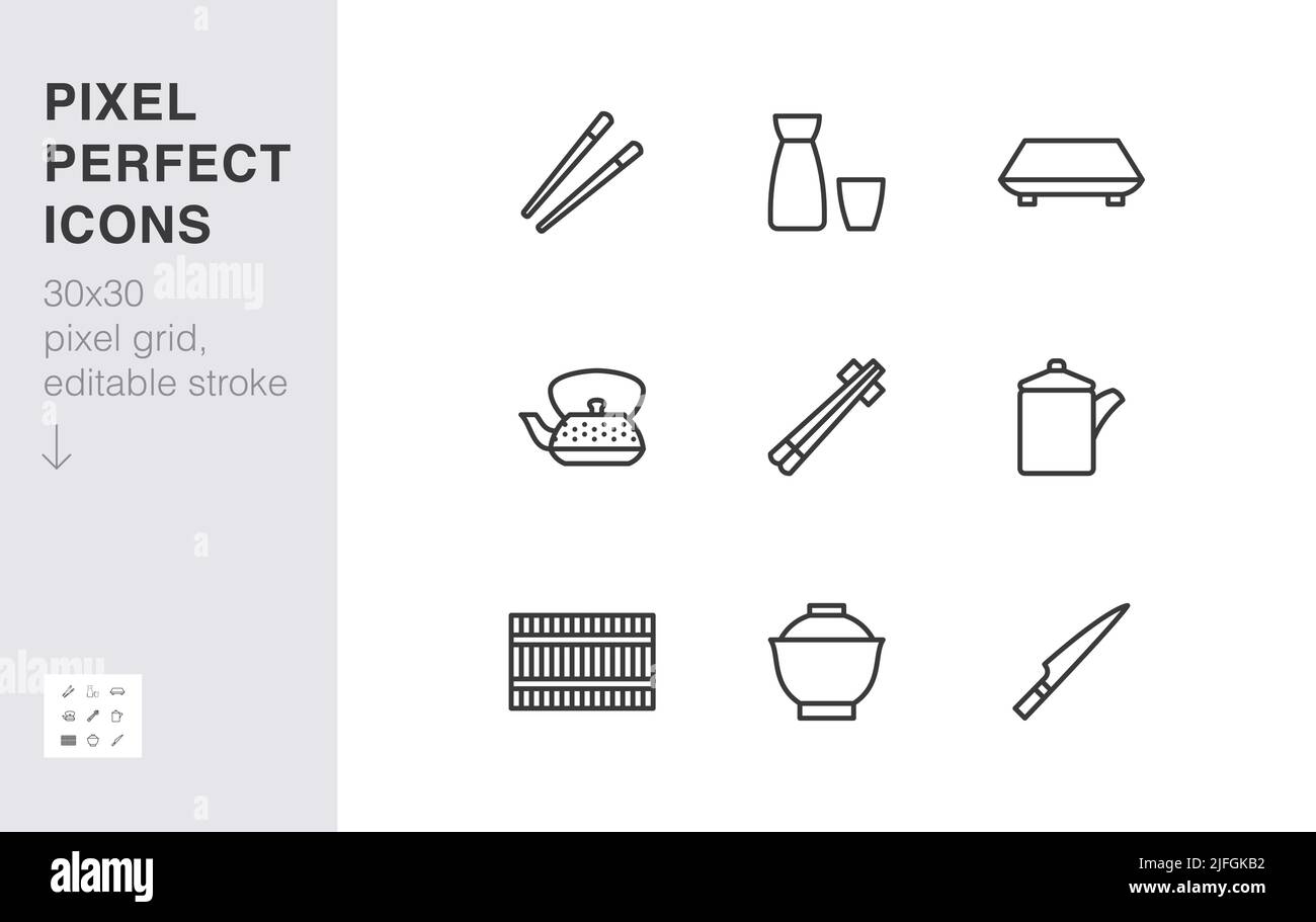 Japanese tableware line icon set. Chopsticks, sushi plate, sake, soup ...