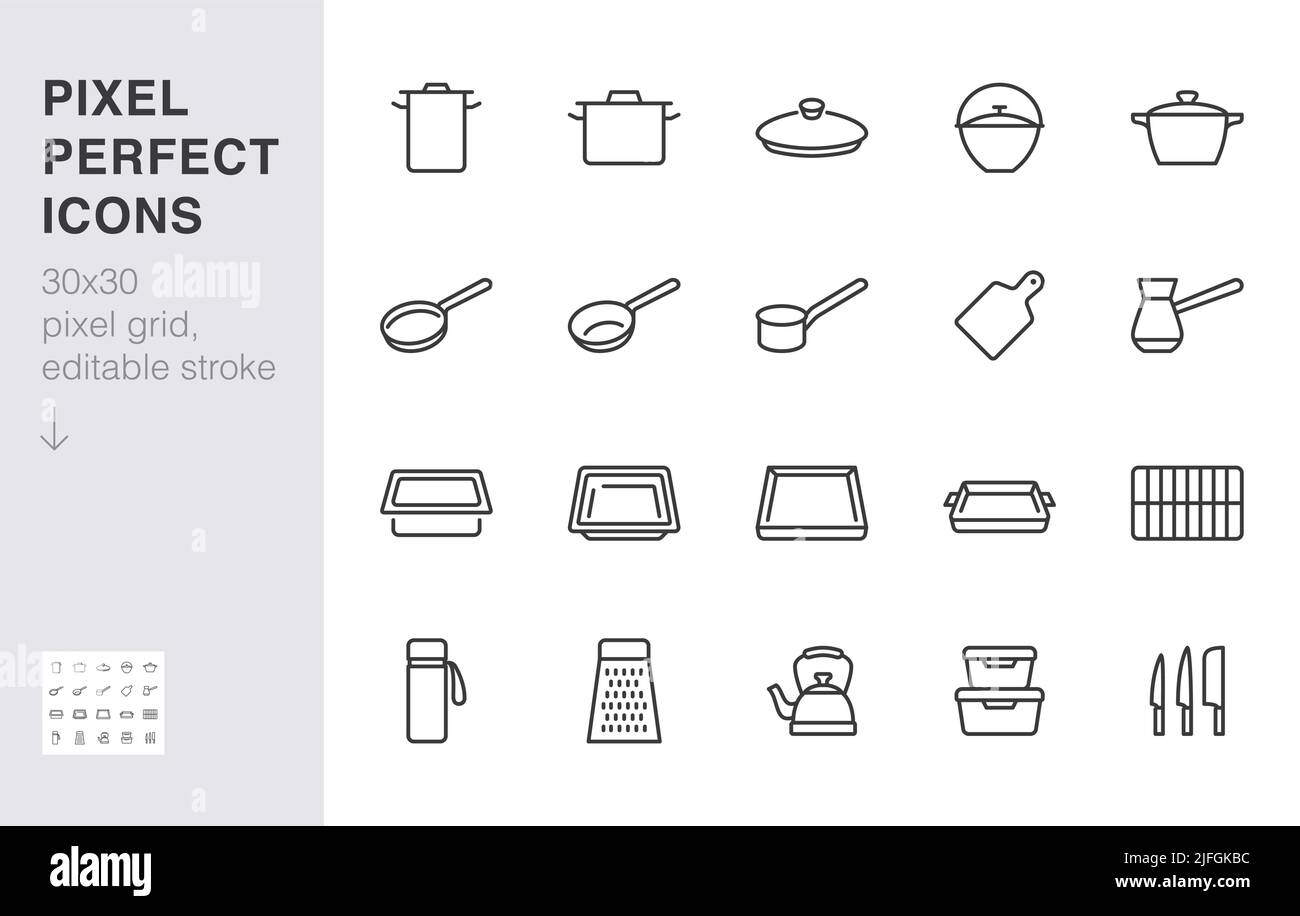 Cookware line icon set. Kitchen equipment cooker pan pot, frying ...
