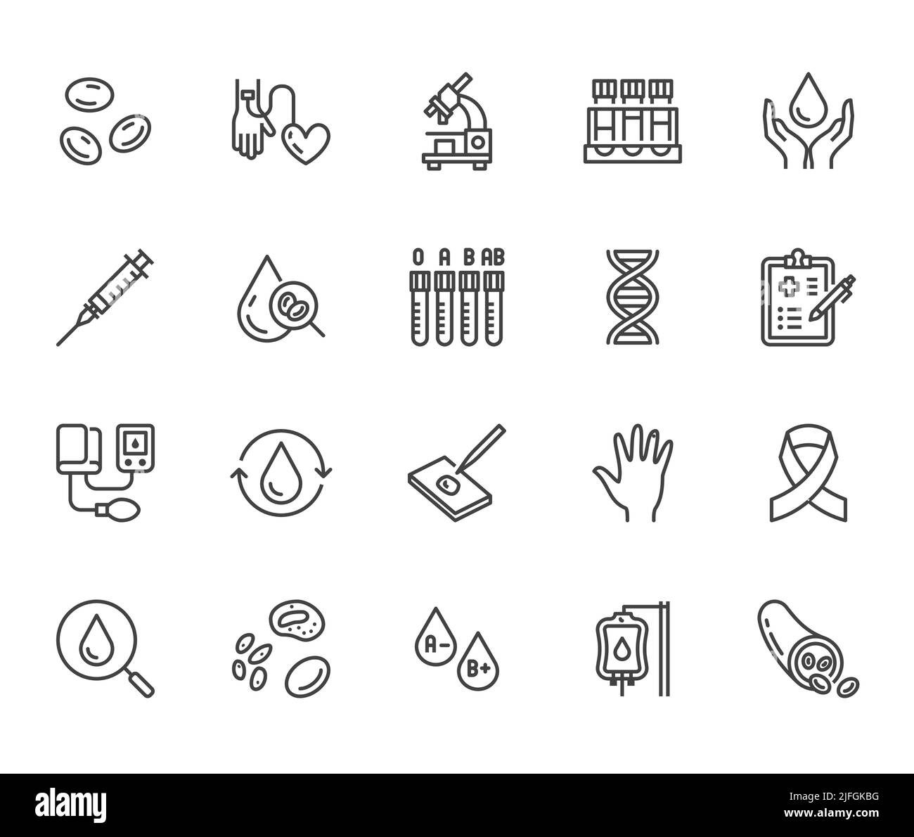 Hematology flat line icons set. Blood cell, vessel, sphygmomanometer ...