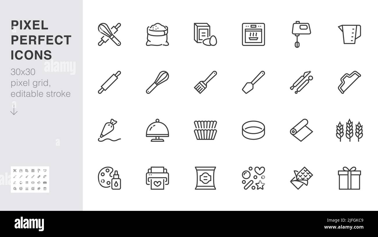 Bakery line icon set. Baking tool - confectionery bag, dough roll, cake ...