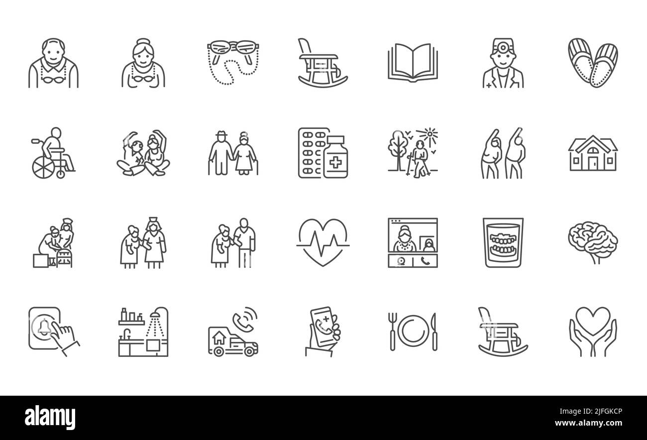Senior people flat line icons set. Old man and woman exercising, active ...
